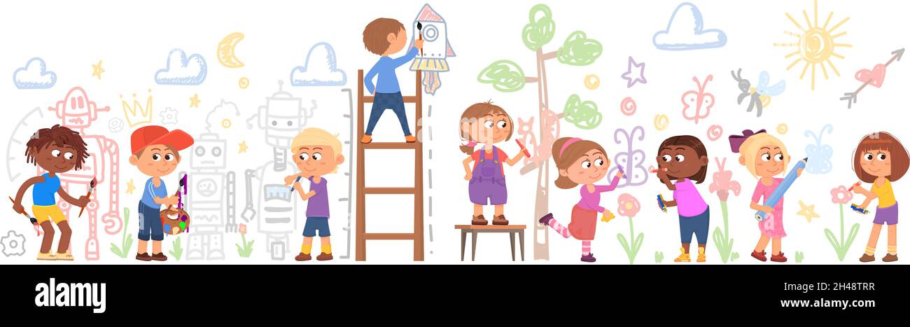 Kids painting on wall. Kid paint, child draw with crayon. Creative ...