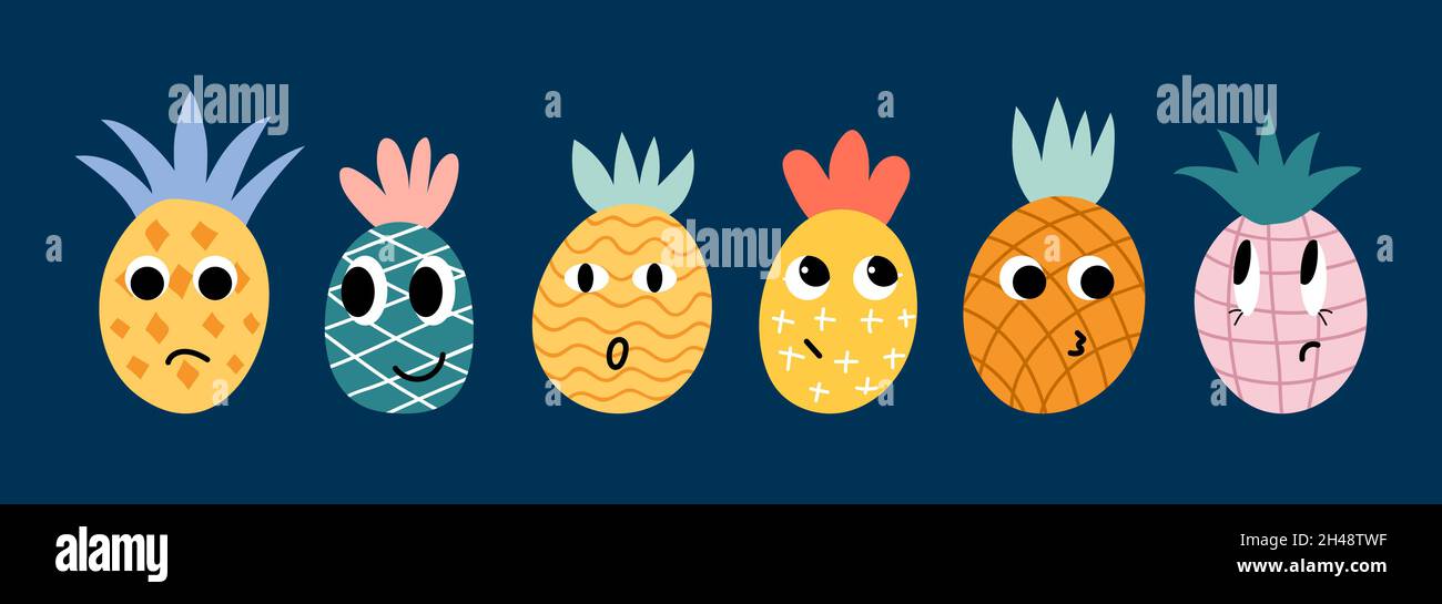 Doodle pineapple. Cute pineapples faces, emotional fruits avatars ...