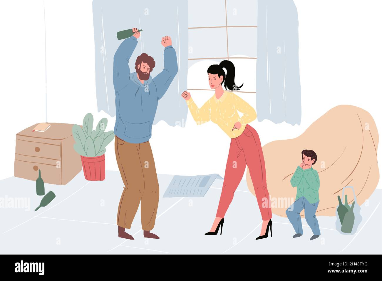 Flat cartoon parents and kid characters in domestic quarrel,family ...