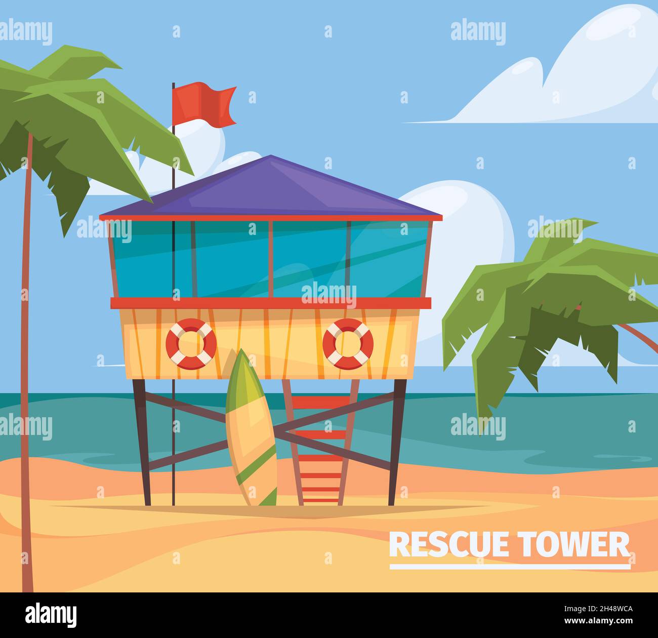 Lifeguard buildings. Seaside background with guard professional wooden ...