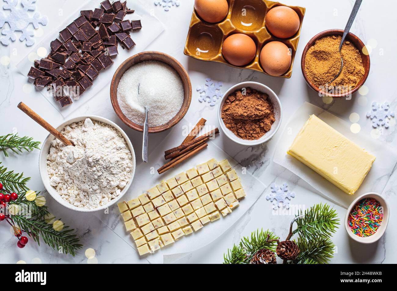 Baking ingredients for cooking Christmas chocolate cookies or cake ...