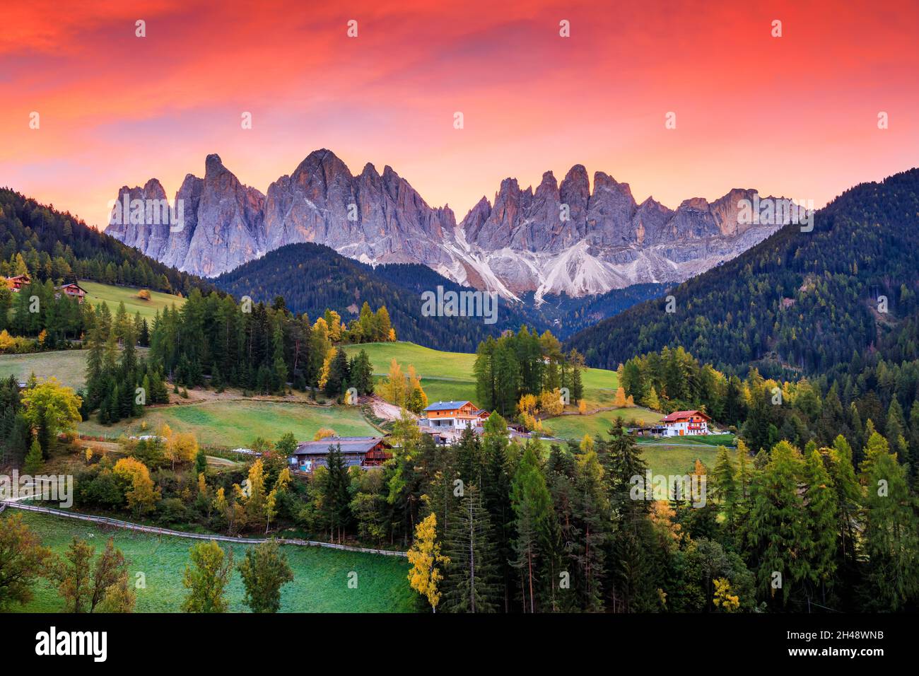 Val di Funes, Italy. Santa Maddalena village in front of the Odle ...