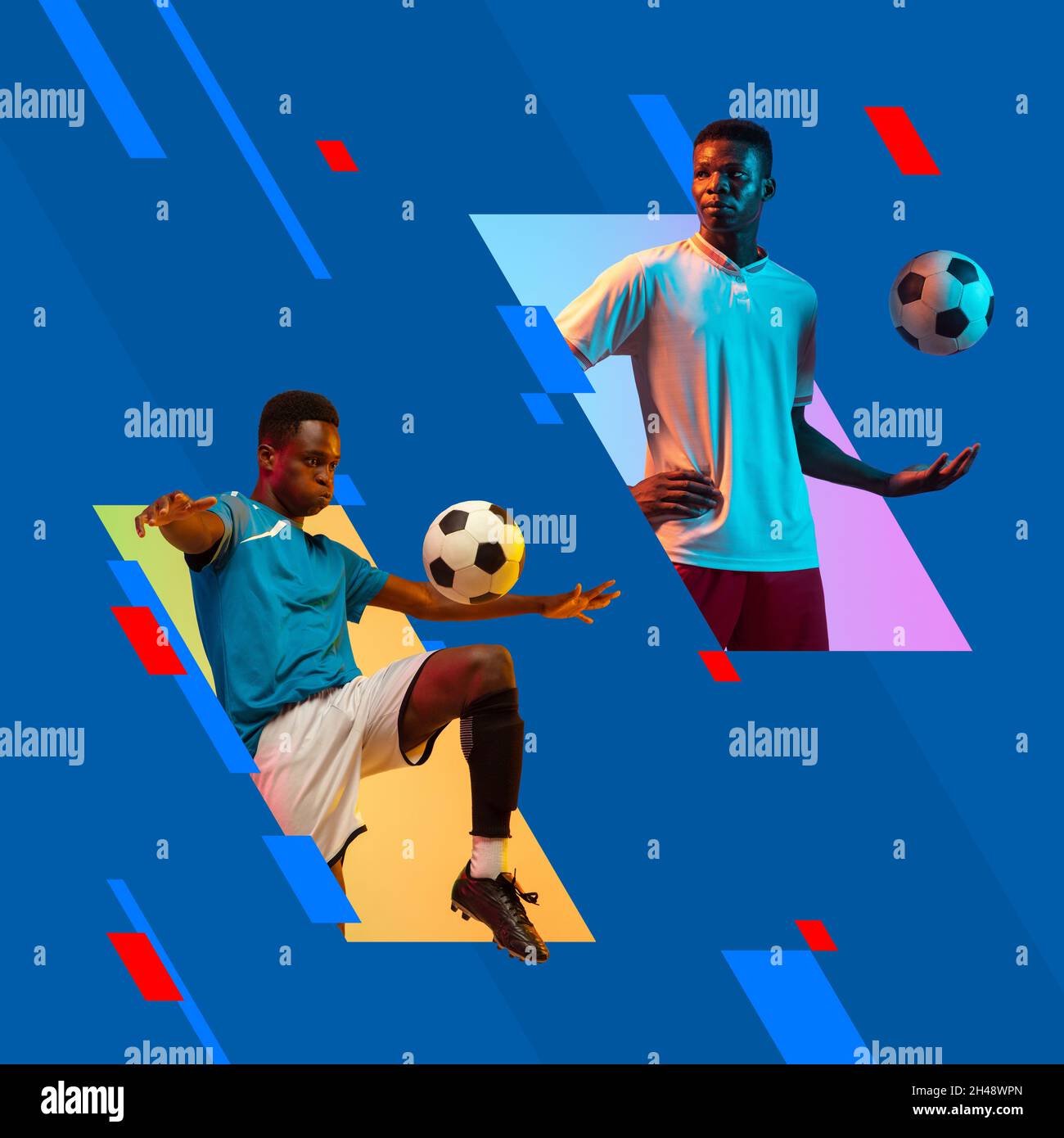Sport collage. Two men, professional soccer football players in action ...