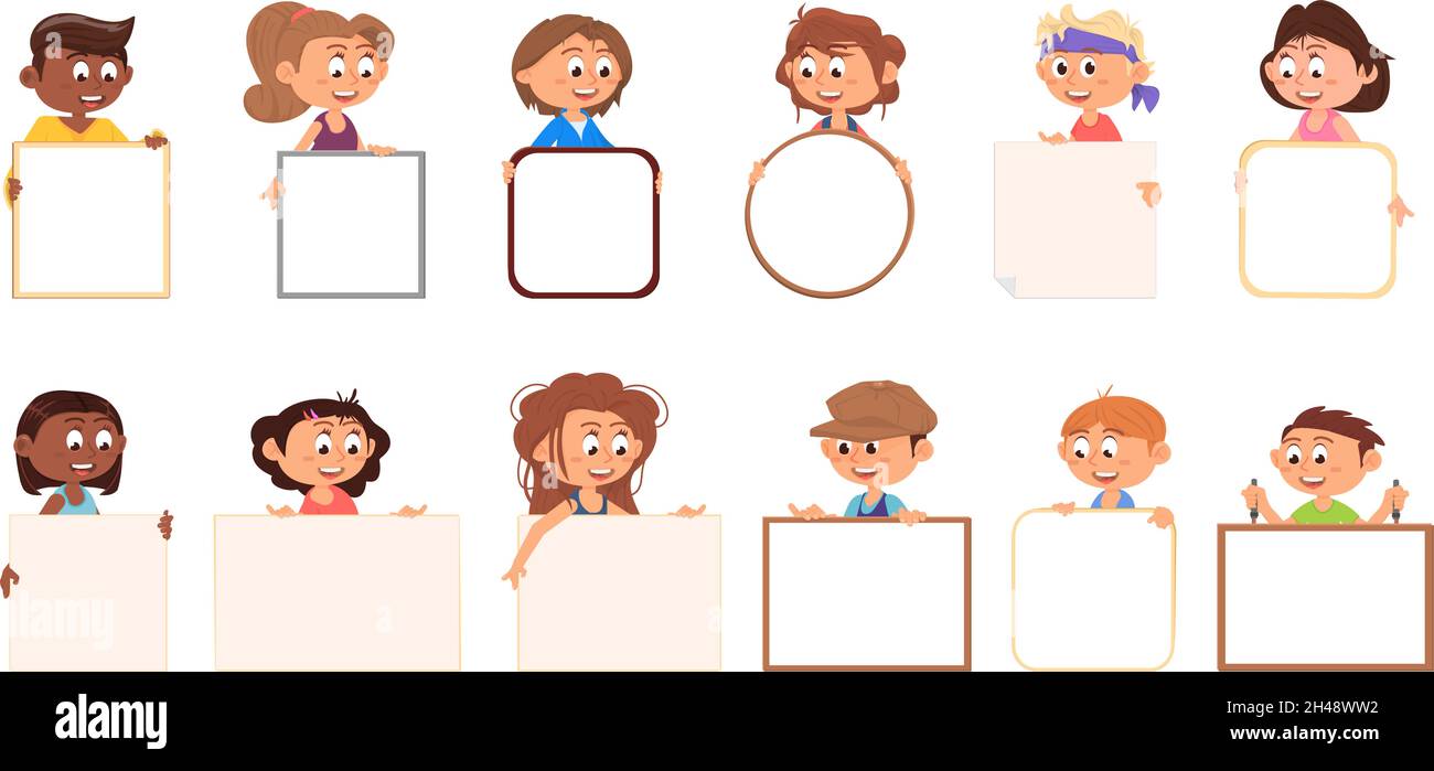 Children holding placards. Kids hold cards, youngs characters with ...