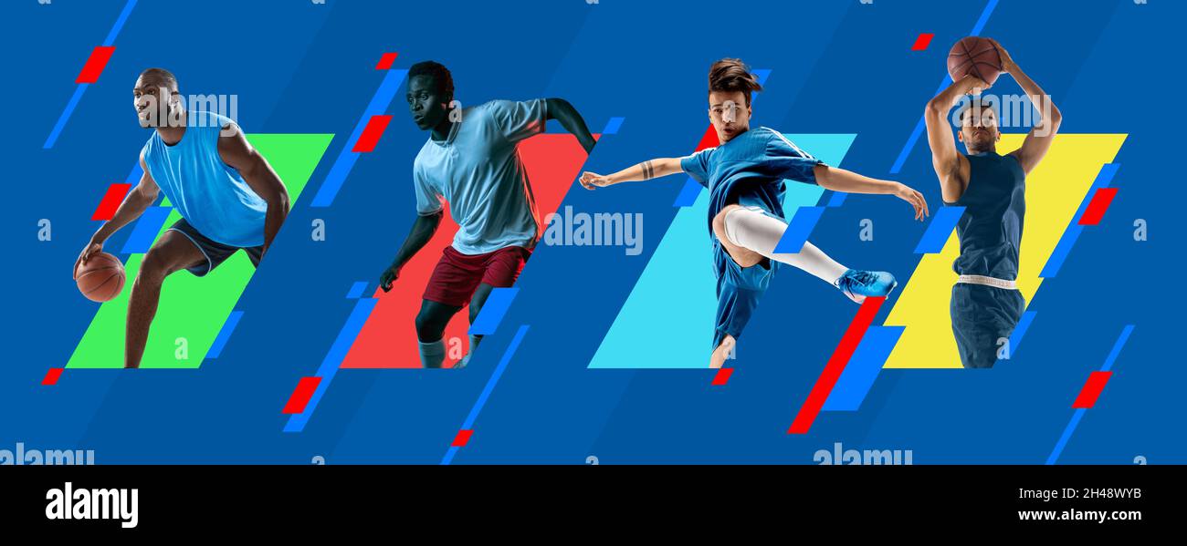 Sport collage. Multiethnic men, professional basketball and football ...