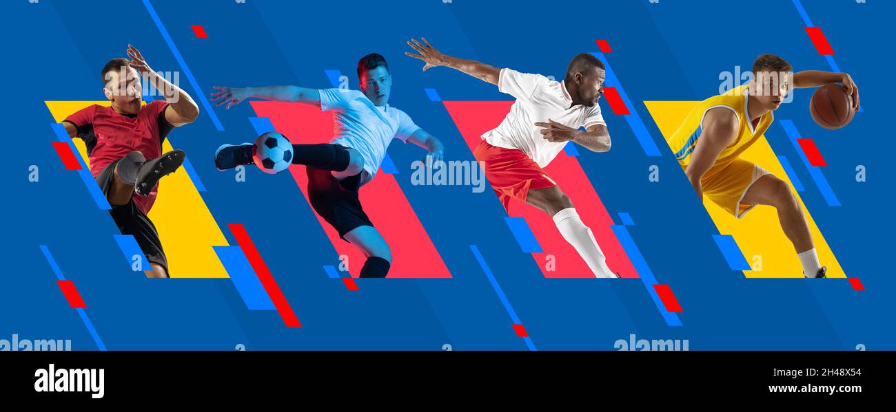 Sport collage. Multiethnic men, professional basketball and football ...