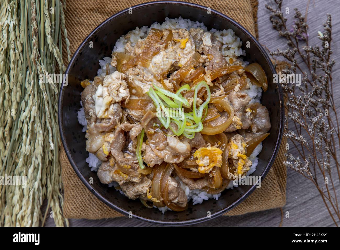 Japanese pork rice bowl with egg and onion (Donburi) on wooden table ...