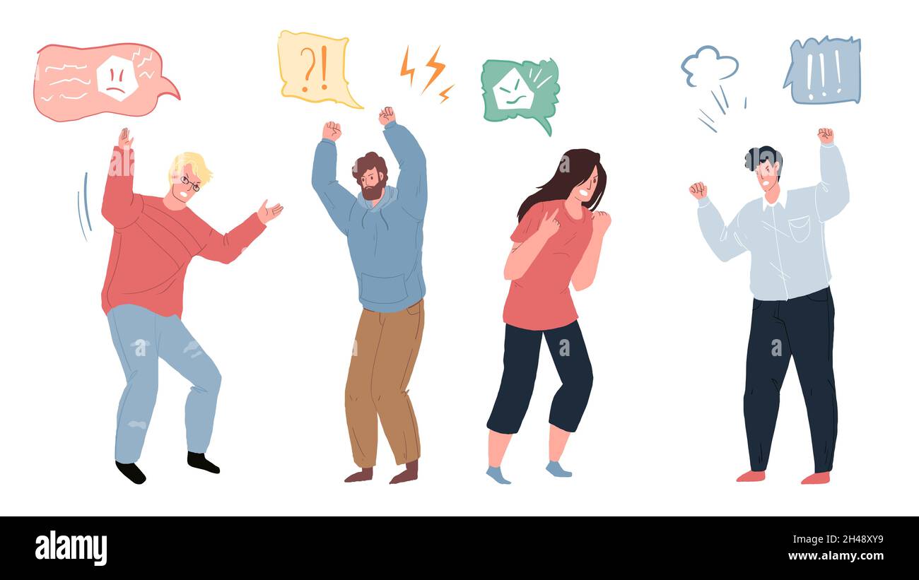 Flat cartoon characters set in aggressive mood, vector illustration ...