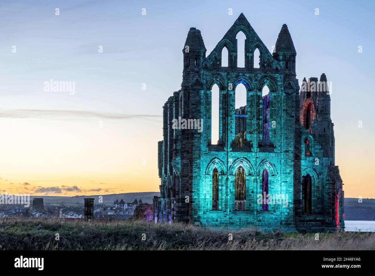 Illuminated Whitby Abbey October 2021 Stock Photo - Alamy