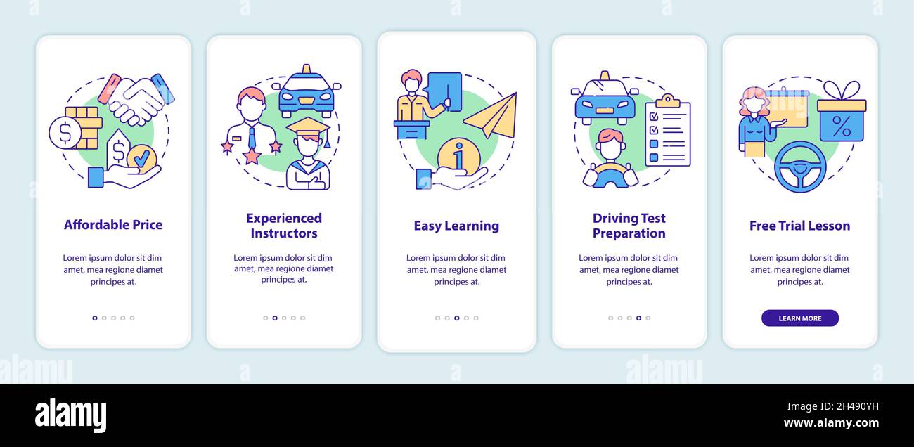 Driving school benefits onboarding mobile app page screen. Advantages walkthrough 5 steps ...