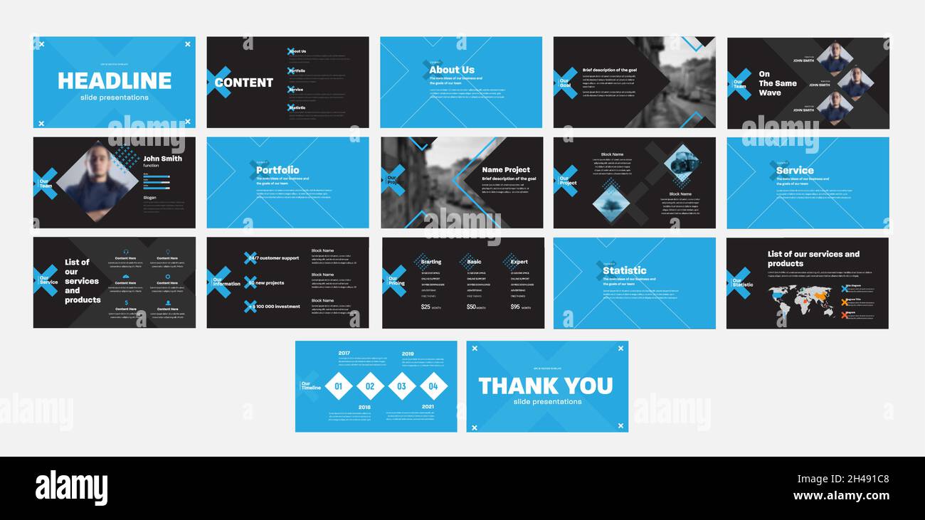 Design of blue and black presentation slides with rhombus and crosses ...