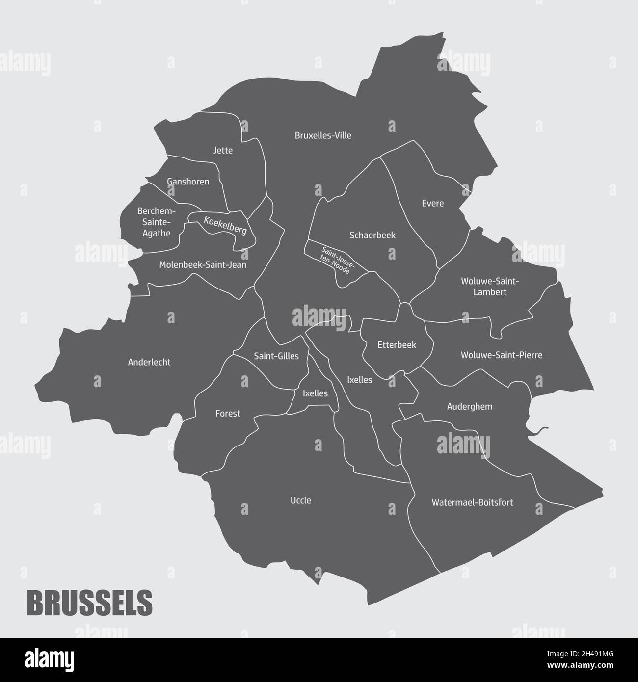 Brussels city, administrative map with labels, Belgium Stock Vector ...