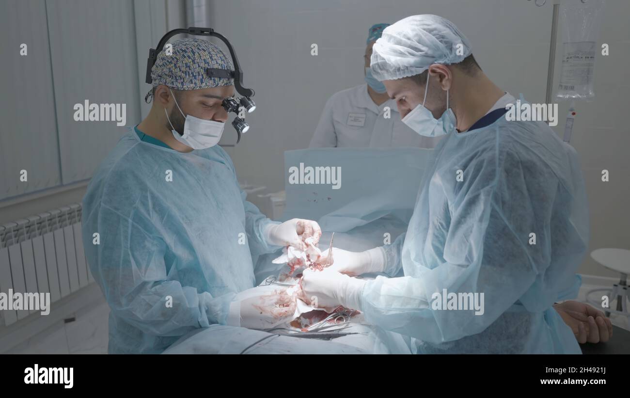 Operating room during operation with two surgeons. Action. Side view of ...
