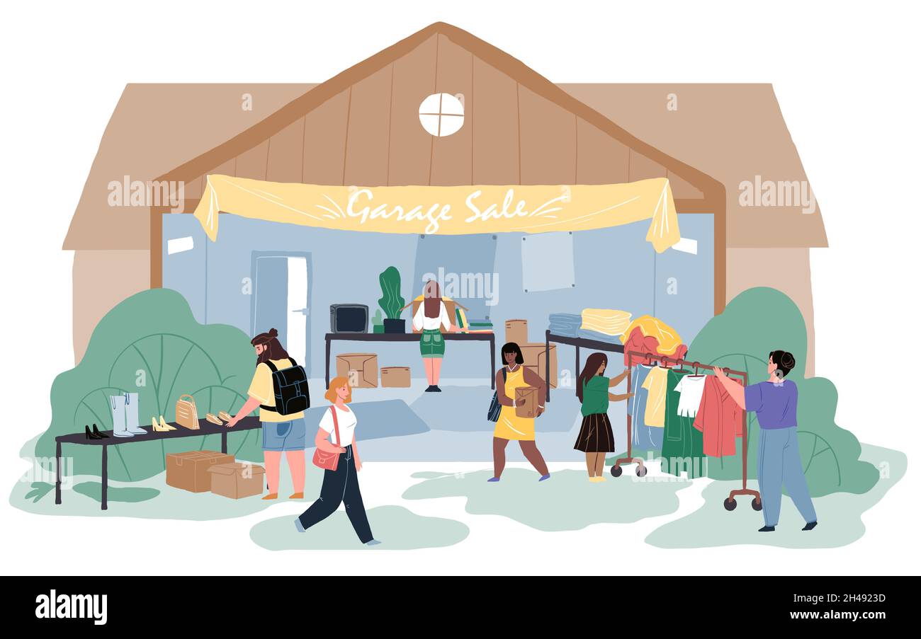 Flat cartoon characters shopping at garage market,vector illustration ...