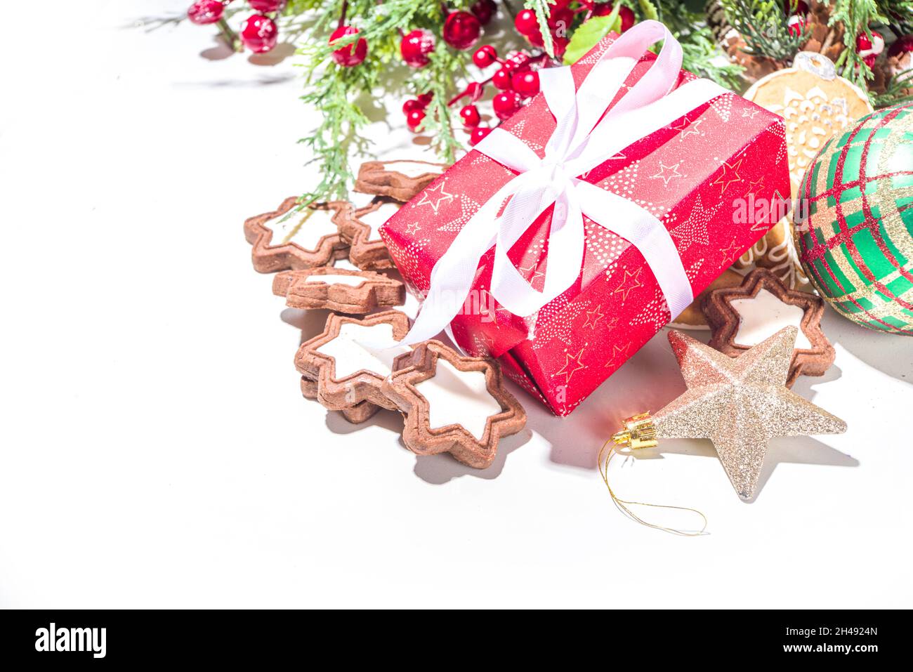 Christmas greeting card background with Xmas tree balls, decorations ...