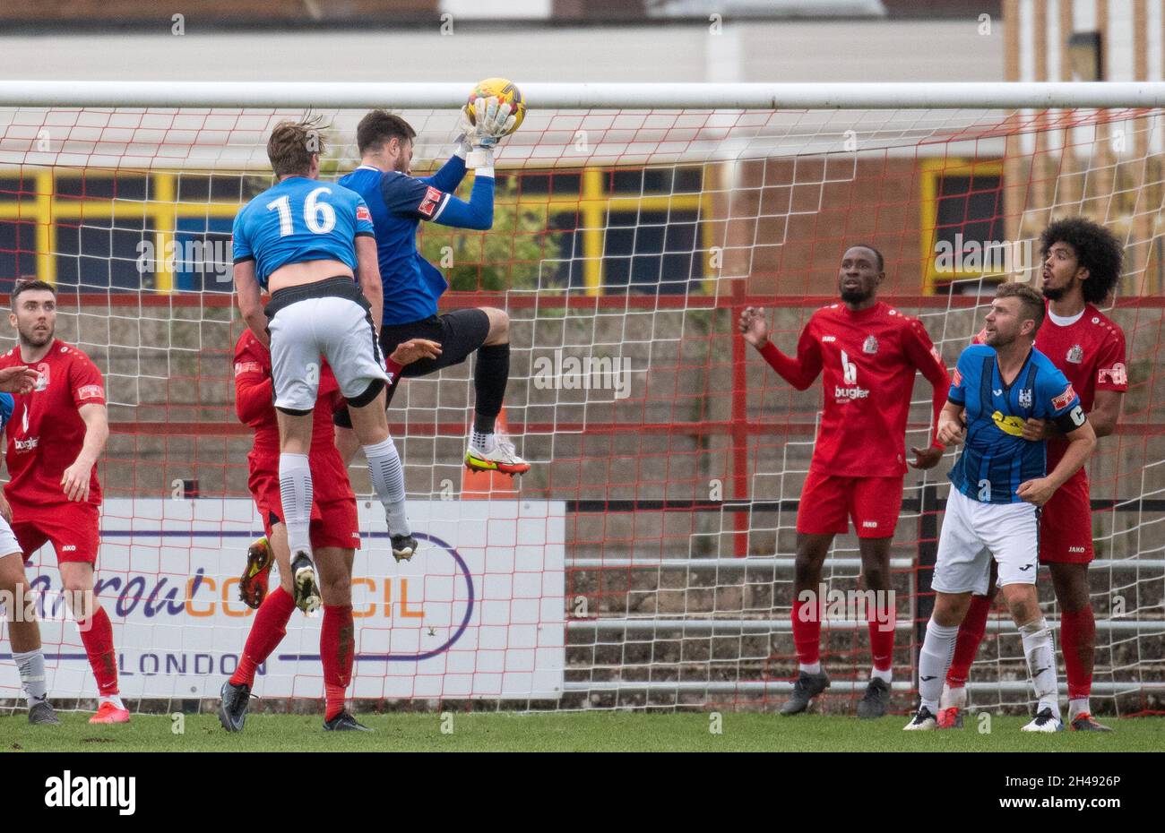 London, England . 23rd Oct, 2021. Harrow Borough goalkeeper Joshua ...
