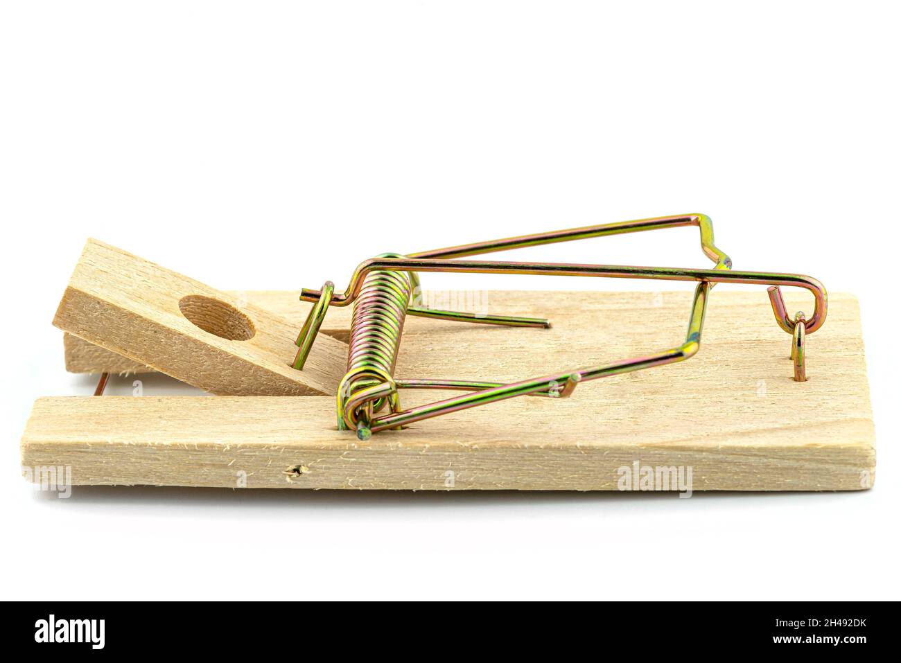Macro photo of a spring loaded mousetrap, isolated on a white ...