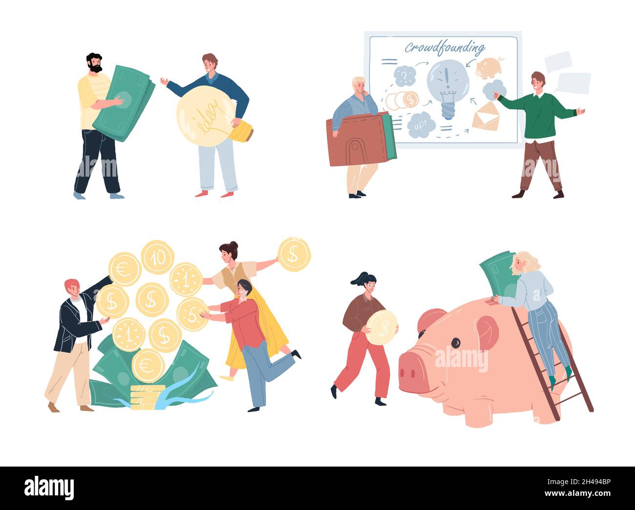 Flat cartoon characters in crowdfunding scenes depicted by metaphors ...