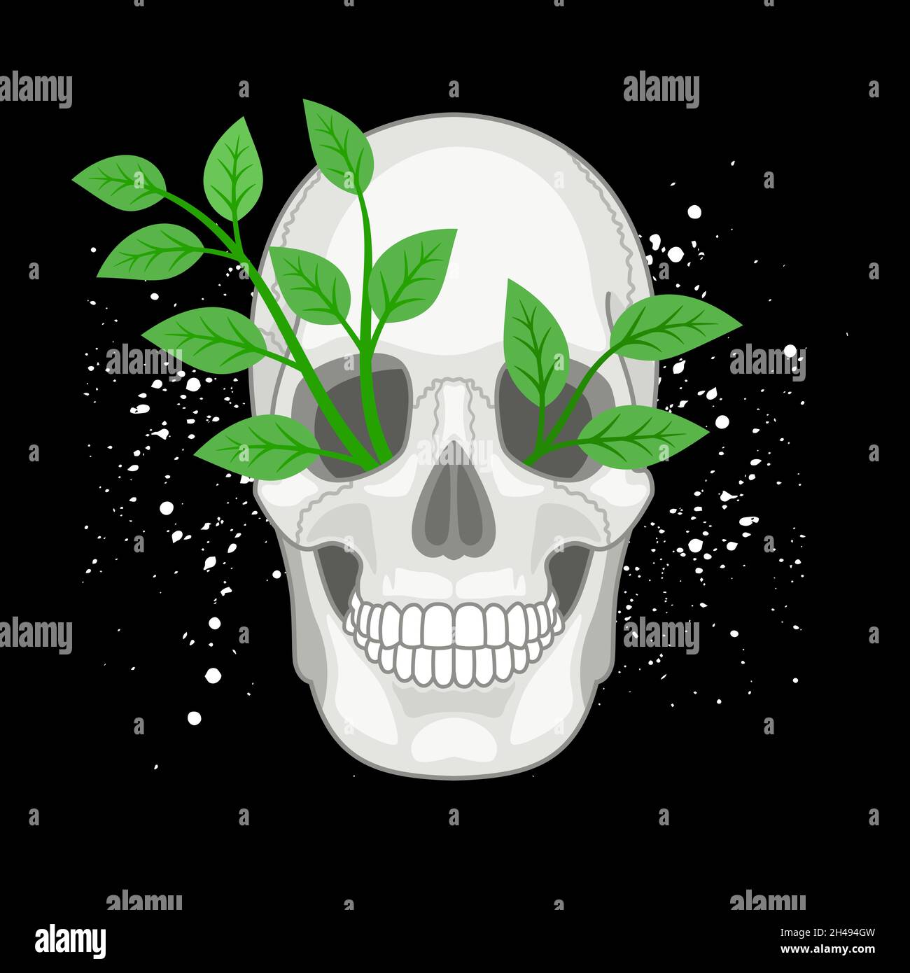 Green leaves skull. Livestock smiling skull drawing concept, death head ...