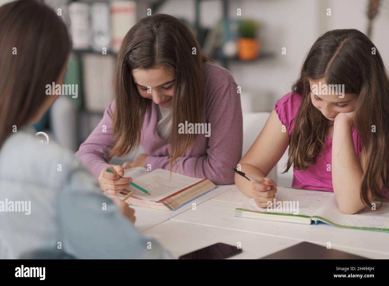 Happy students doing homework together, education and learning at home ...