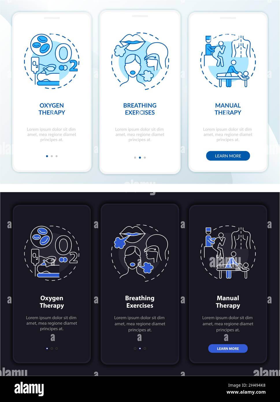 Respiratory rehab day, night onboarding mobile app page screen ...