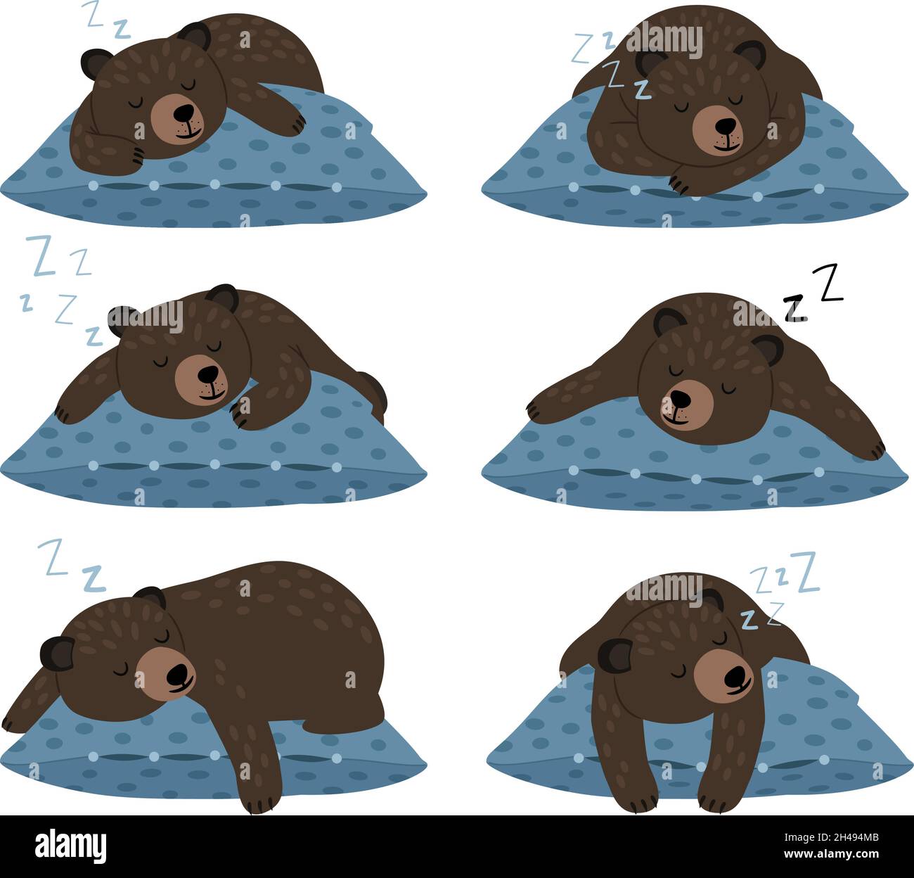 Lazy bear sleep. Sleeping cute teddy character poses on pillow, quiet ...