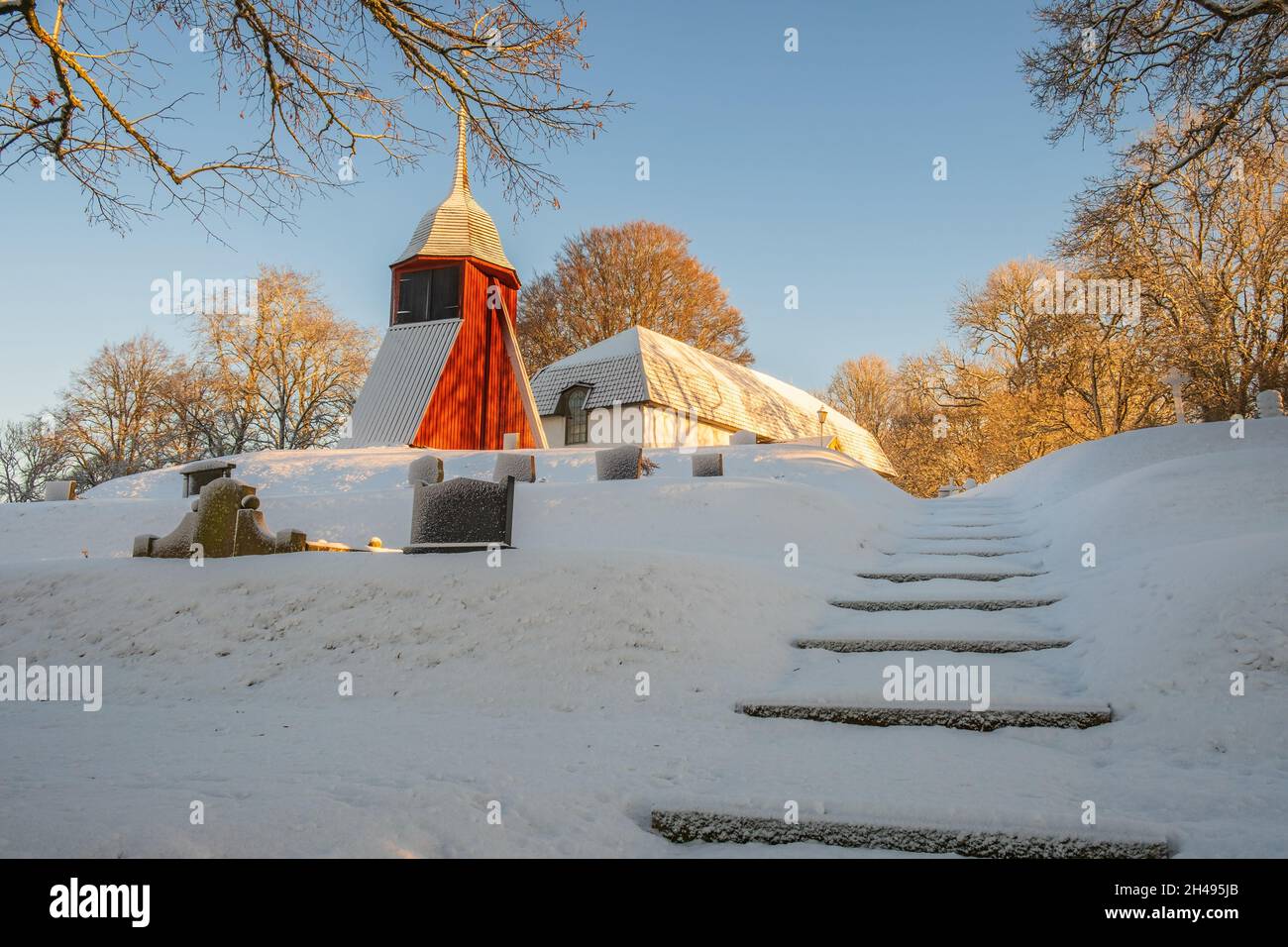 Stairs up to the church and belfry on a snowy winter day Stock Photo ...