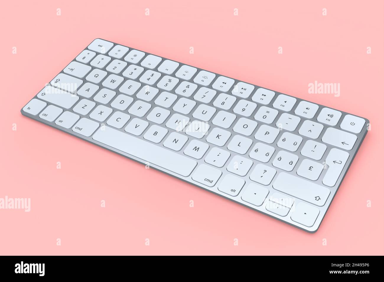 Modern aluminum computer keyboard isolated on pink background. 3D ...