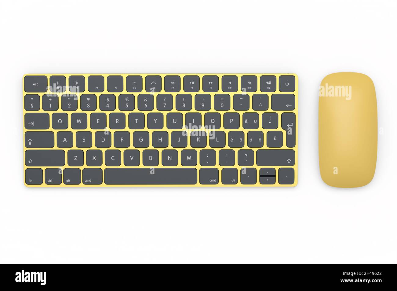 Modern gold aluminum computer keyboard and mouse isolated on white ...