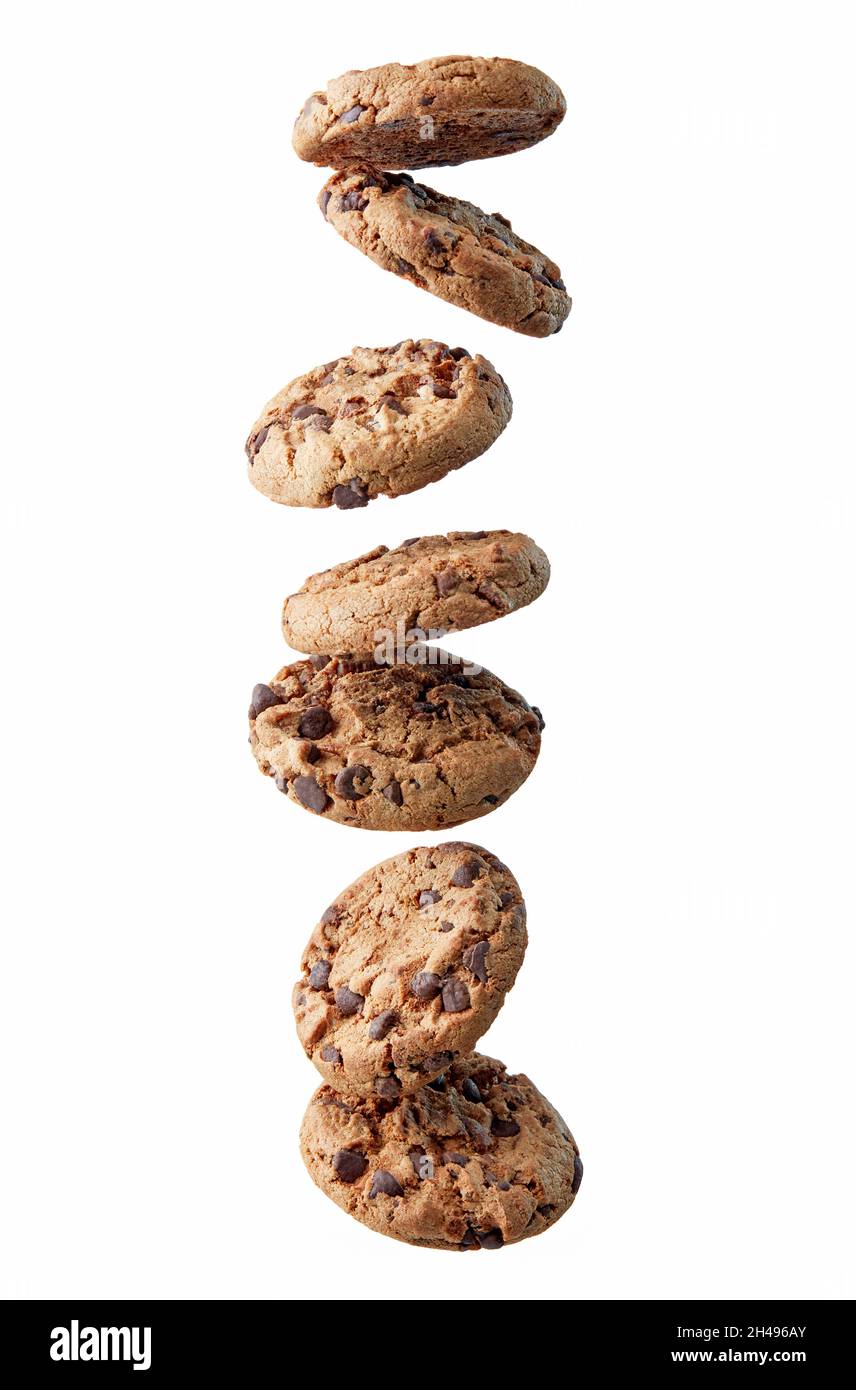 Chocolate chip cookies falling, isolated on white background, food ...