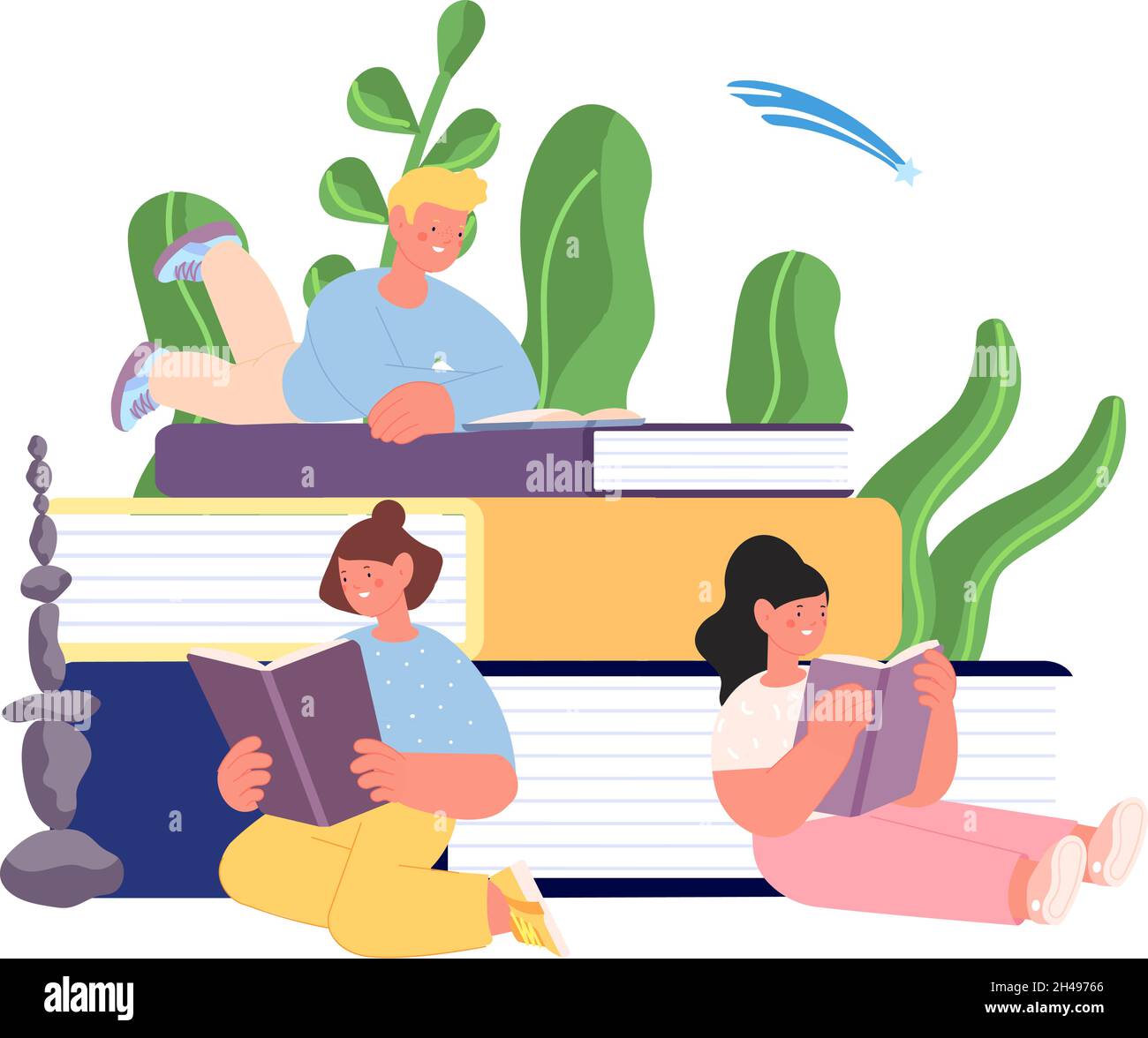 Cute children read. Kids with books, study together. Self mind ...