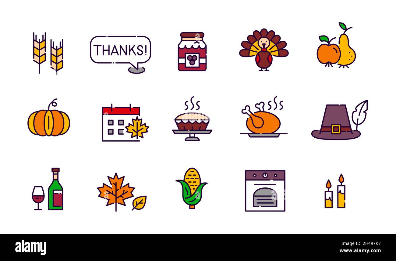 Thanksgiving traditional American holiday icons set in color. Harvest ...
