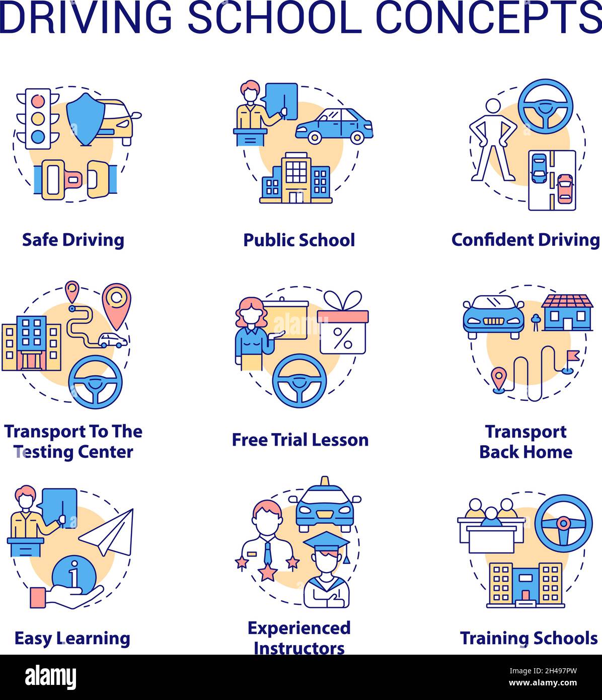Driving school concept icons set. Car riding education idea thin line ... Driving school concept icons set. Car riding education idea thin line ...