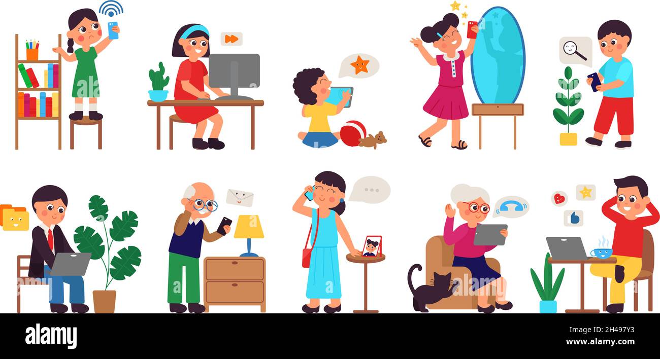 Characters using gadgets. Cartoon kids, use computer and digital ...