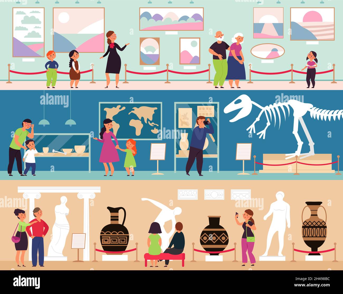 Museum gallery. Cartoon character people, visitors art exhibit ...