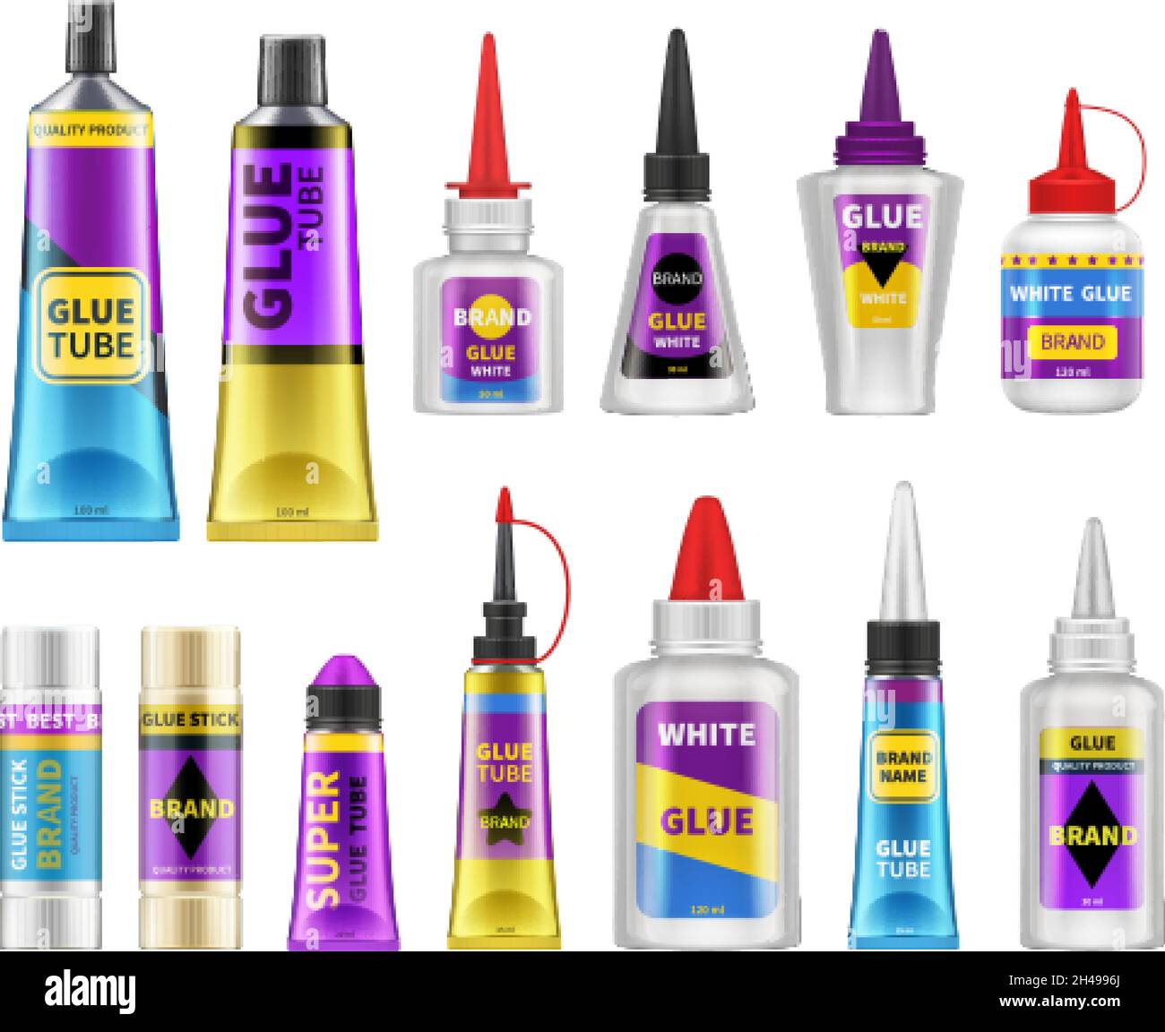Glue packaging. Glues tubes, realistic adhesive stick and bottle plastic packs 3d isolated ...