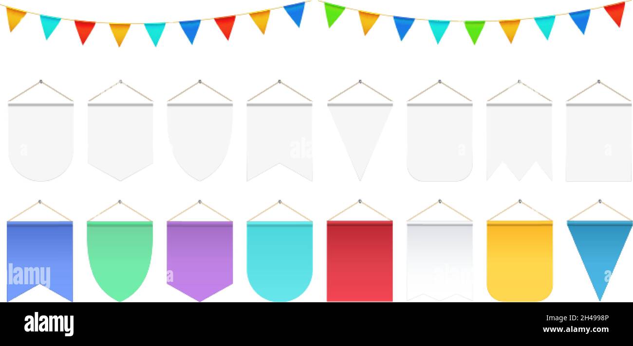 Realistic hanging flags. White pennant mockup, festival party flag ...