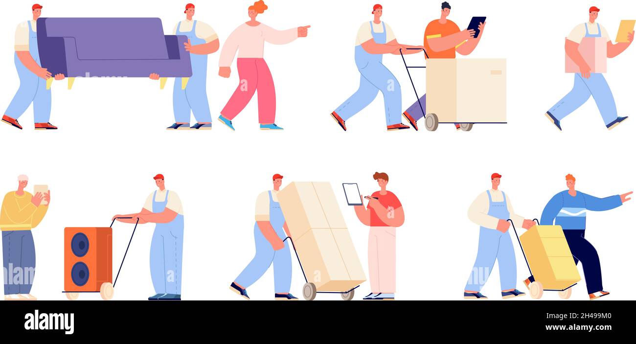 Moving and delivery service. Women delivering box, movers and clients ...