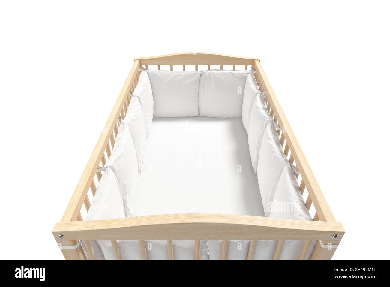 Blank wood cot with white crib sheet, protective bumpers mockup, 3d ...