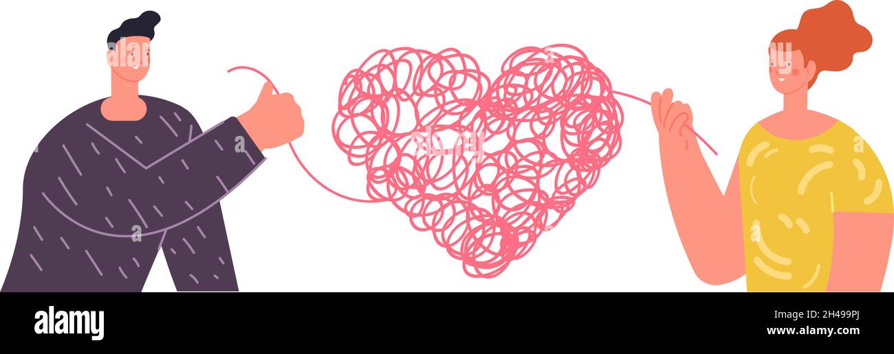 Love couple metaphor. People with heart, woman man have tangled ...