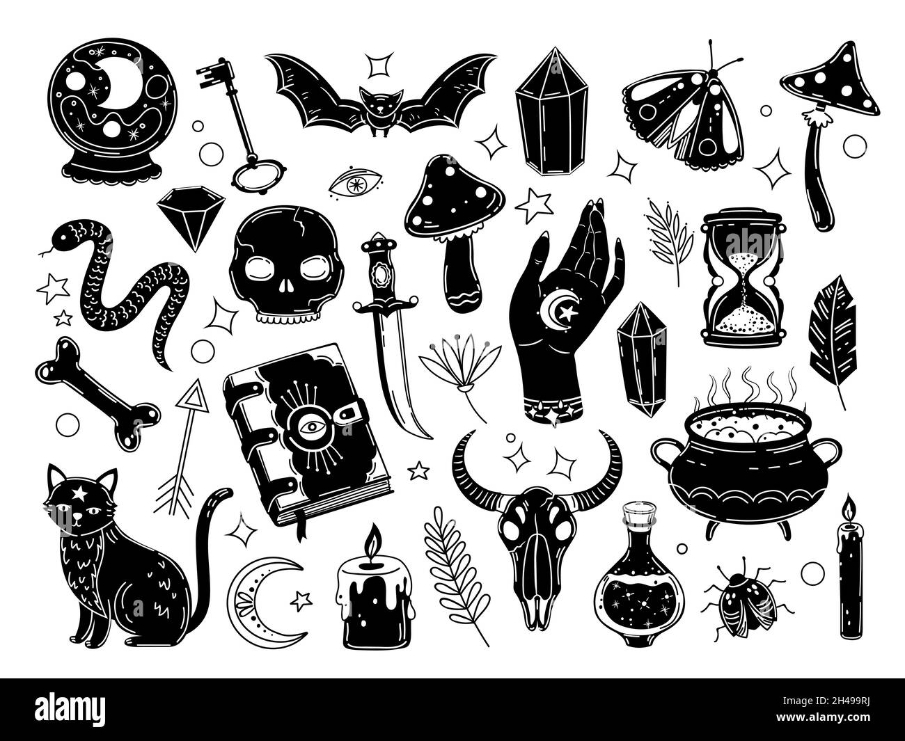 Witchcraft set. Drawn magic crystals, witch ball and black cat. Human ...