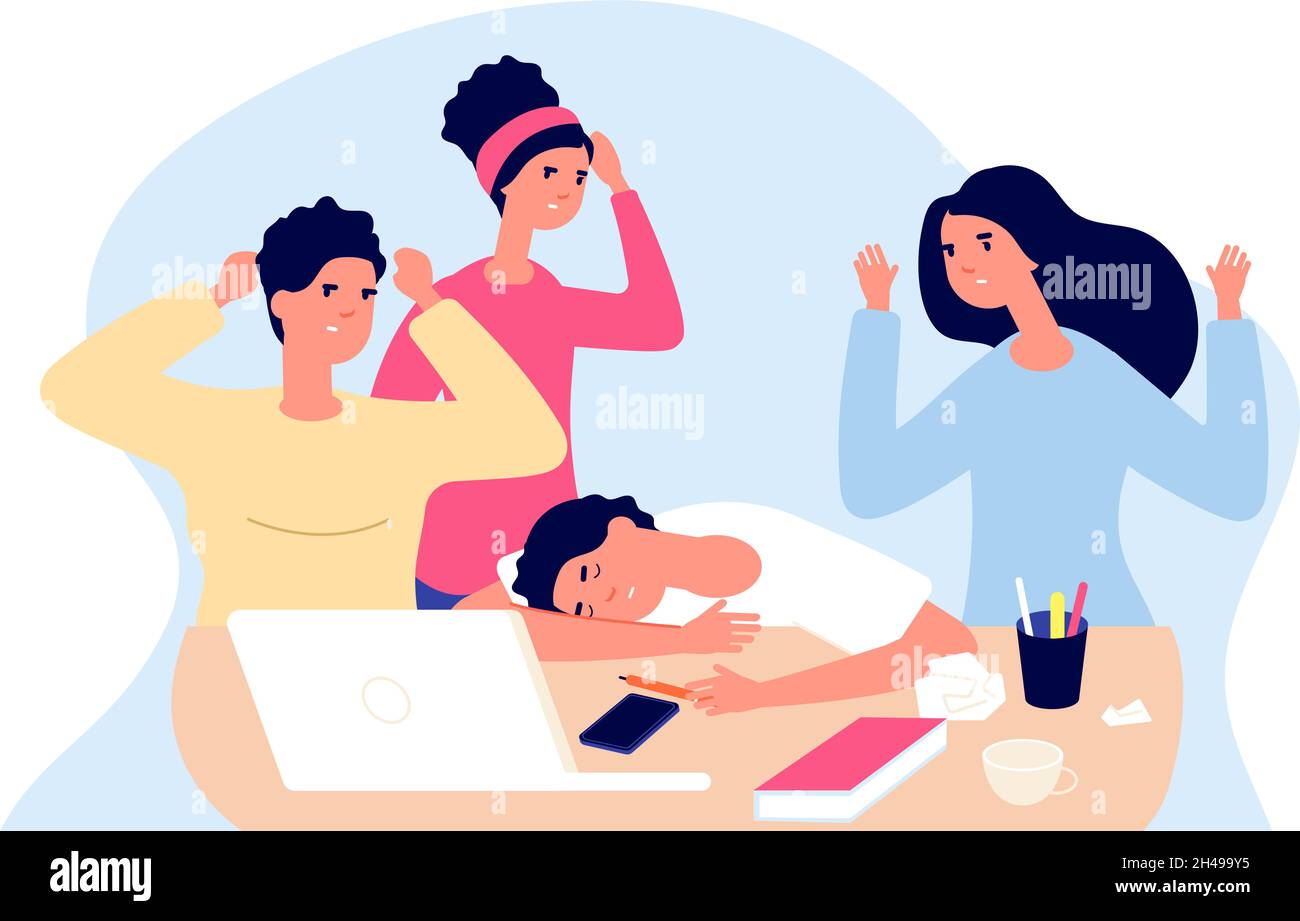 Bad teamwork. Tired manager sleep at work desk. Angry colleagues ...