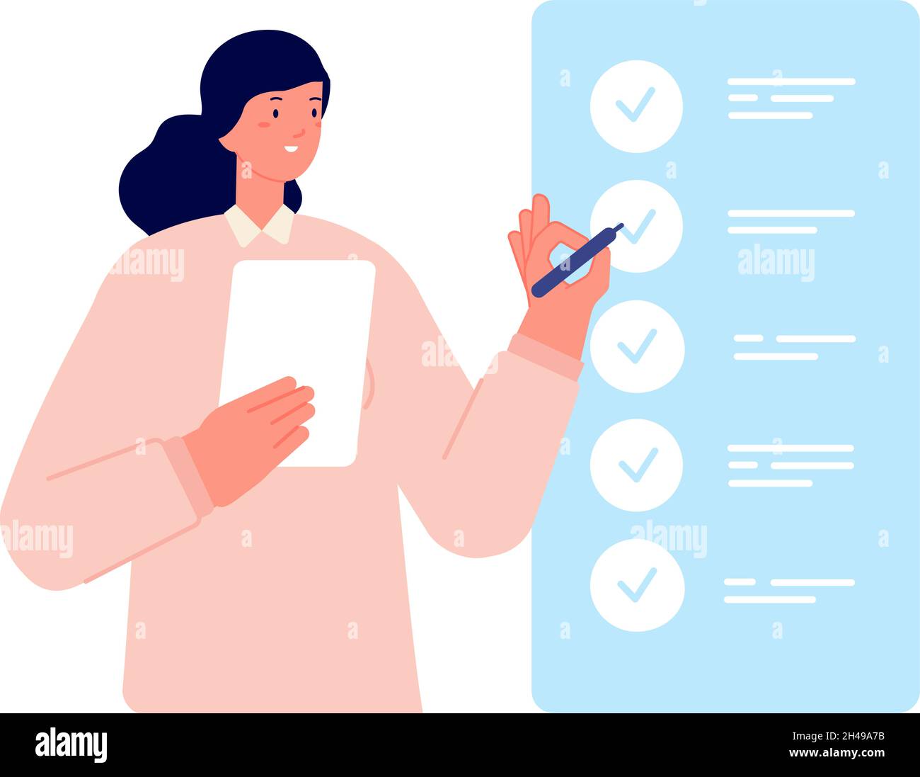 Businesswoman checklist concept. Flat successful girl, writing check ...