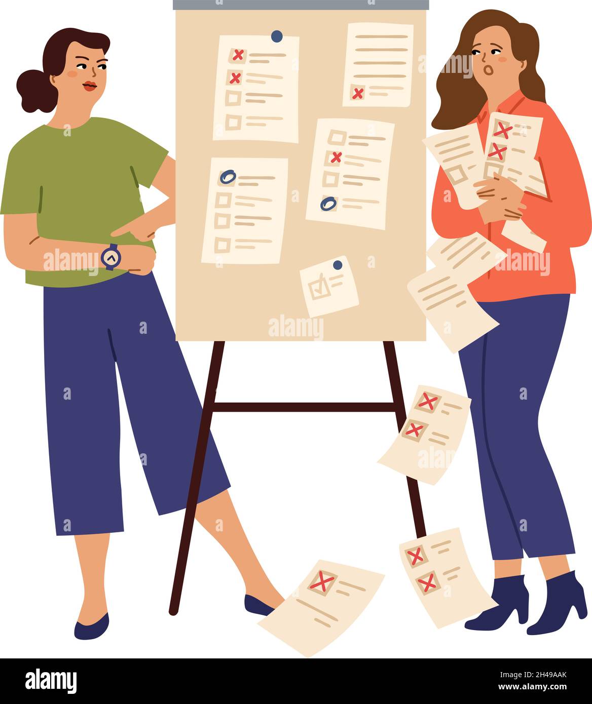 Female office characters. Task board, women with lists. Failed work ...