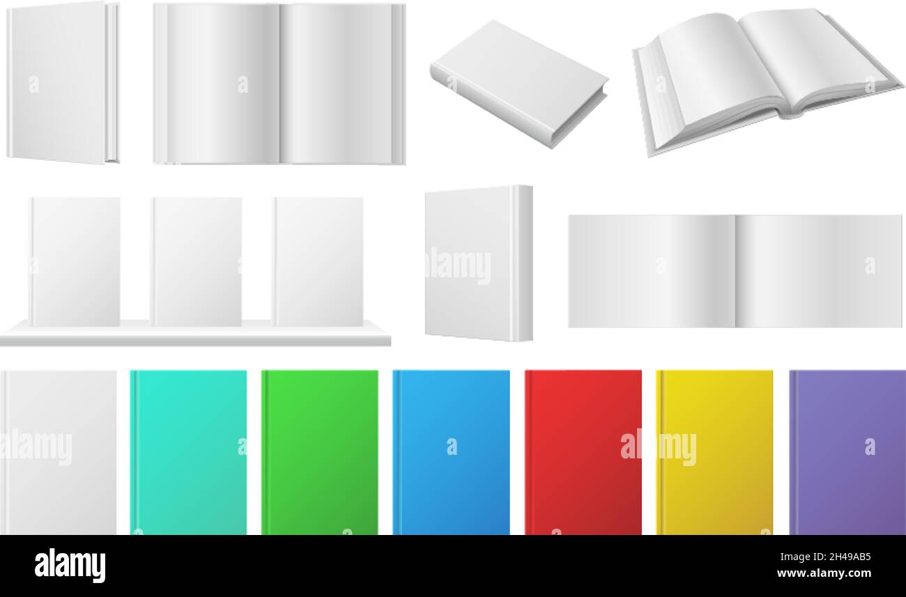 Realistic book mockup. White open books, color notebook covers ...