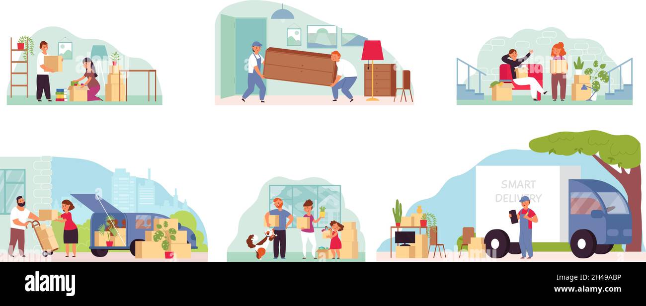 Family relocation. Moving in new house, contemporary interior ...