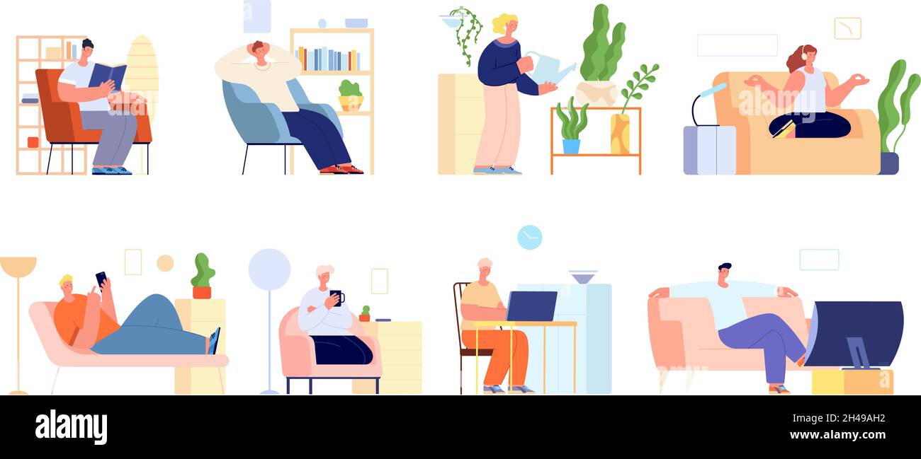 People home relax. Meditate work at house, person rest in room. Self ...