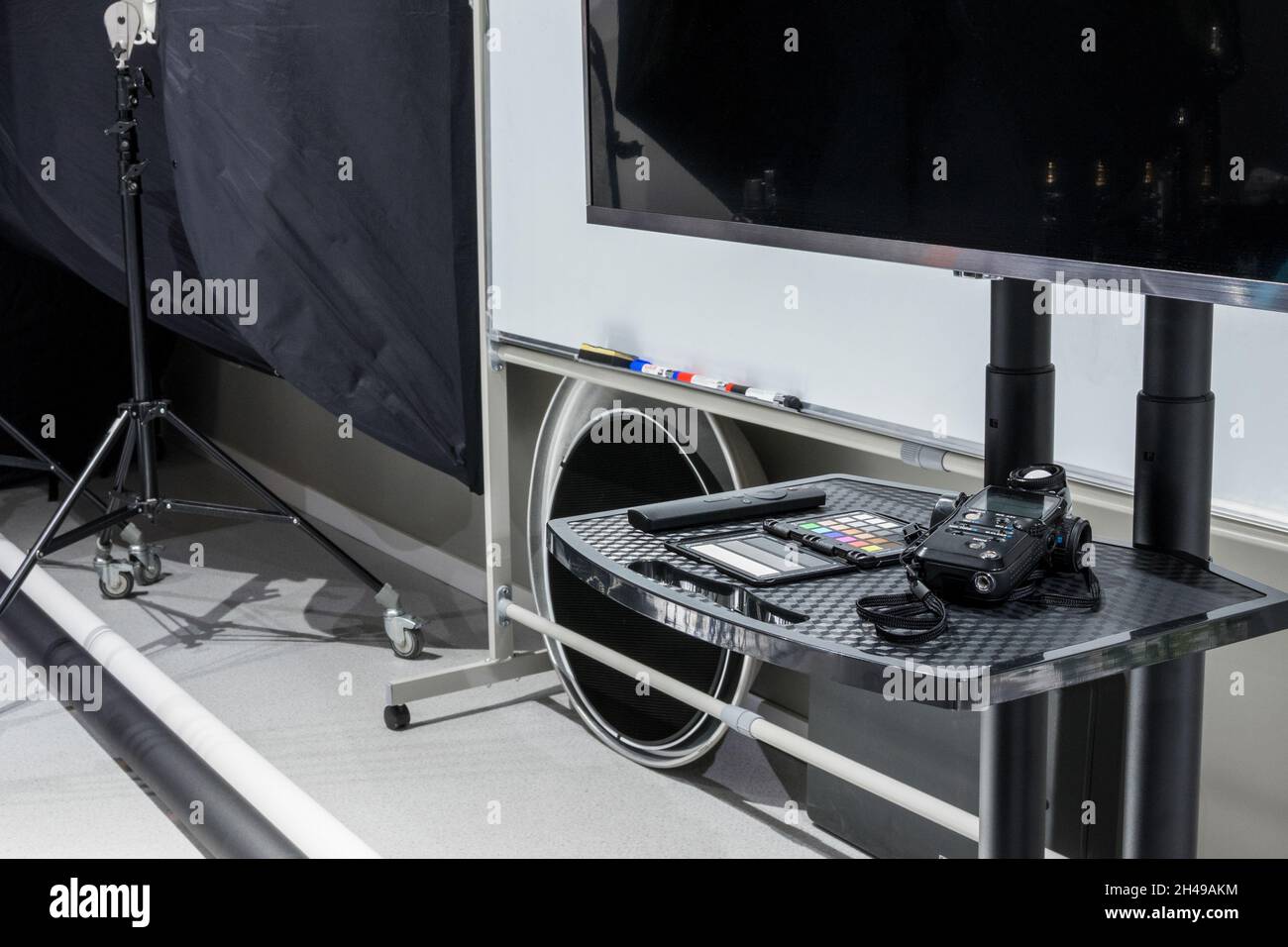 Interior of a modern photo studio. Technics and equipment. Flashmeter ...