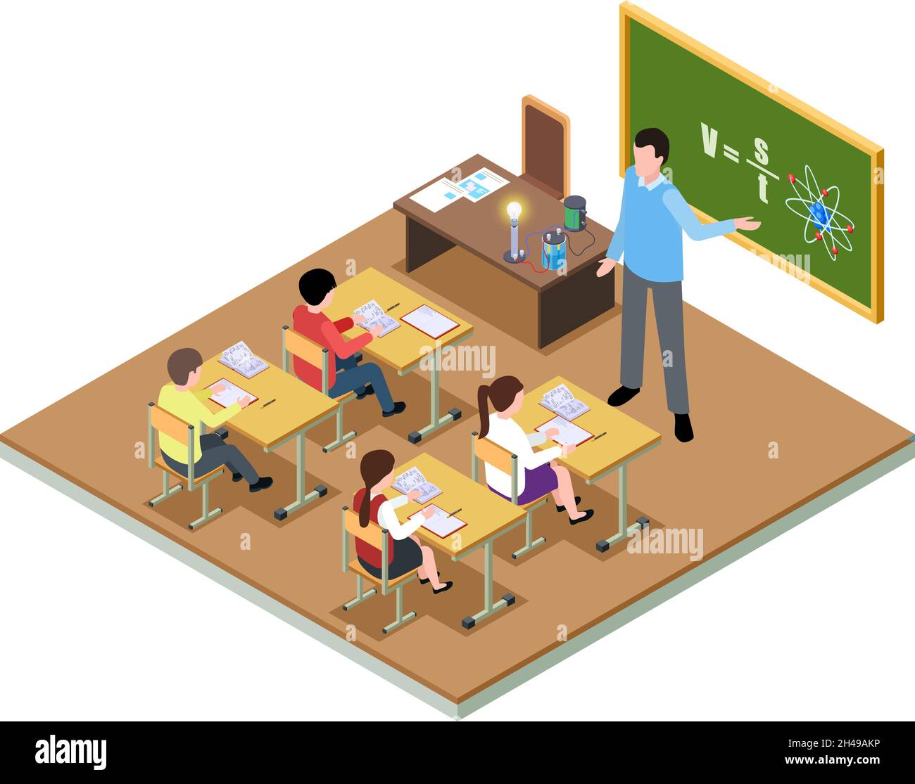 Student study. Isometric classroom, school lesson education. Cartoon ...