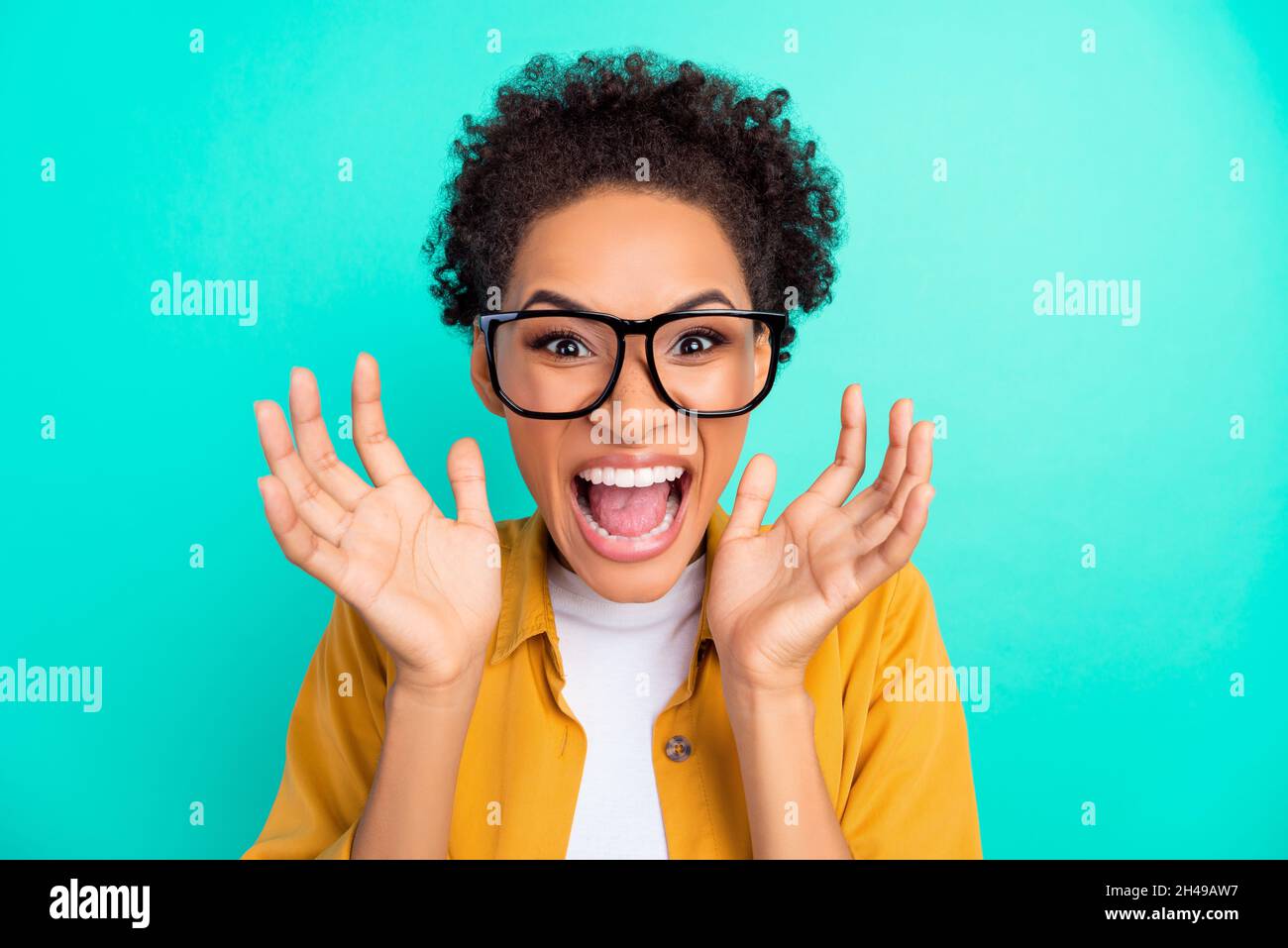 Photo of young african girl terrified scream shocked reaction isolated ...